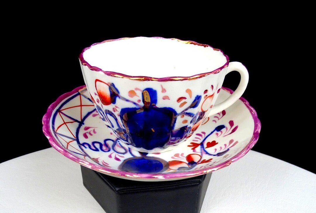 Gaudy Welsh Staffordshire Porcelain Oyster 2 3/8 Fluted Cup & Saucer ...