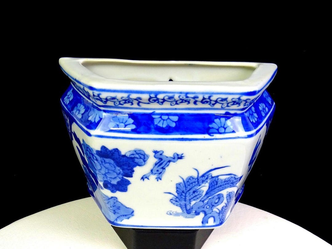 Asian Porcelain Blue and White Frog Fish Flowers Trapezoid 4 3/4 Wall ...