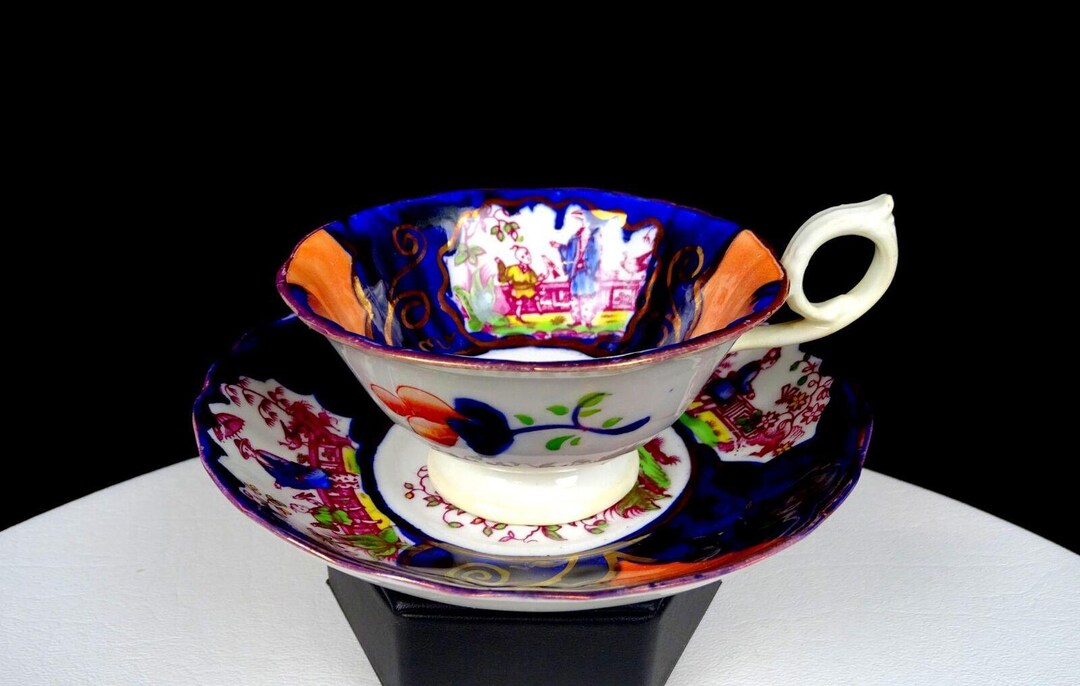 Gaudy Welsh Staffordshire Porcelain Chinoiserie Antique 2" Cup & Saucer ...