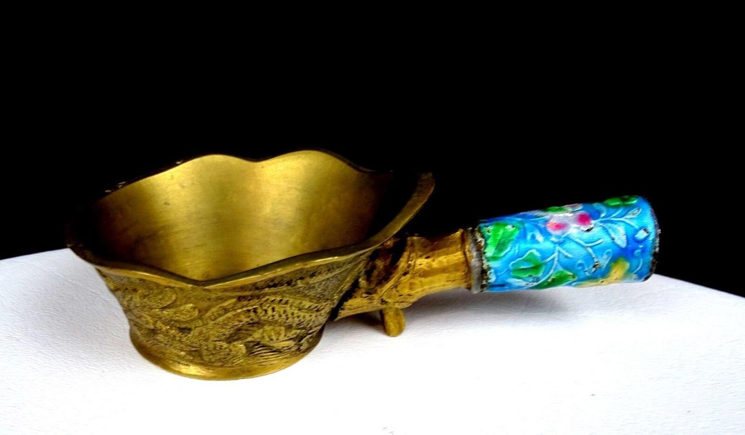 Chinese Cloisonne and Brass Dragon Coal Pan Enamel Handle 5 Pan / Silk ...