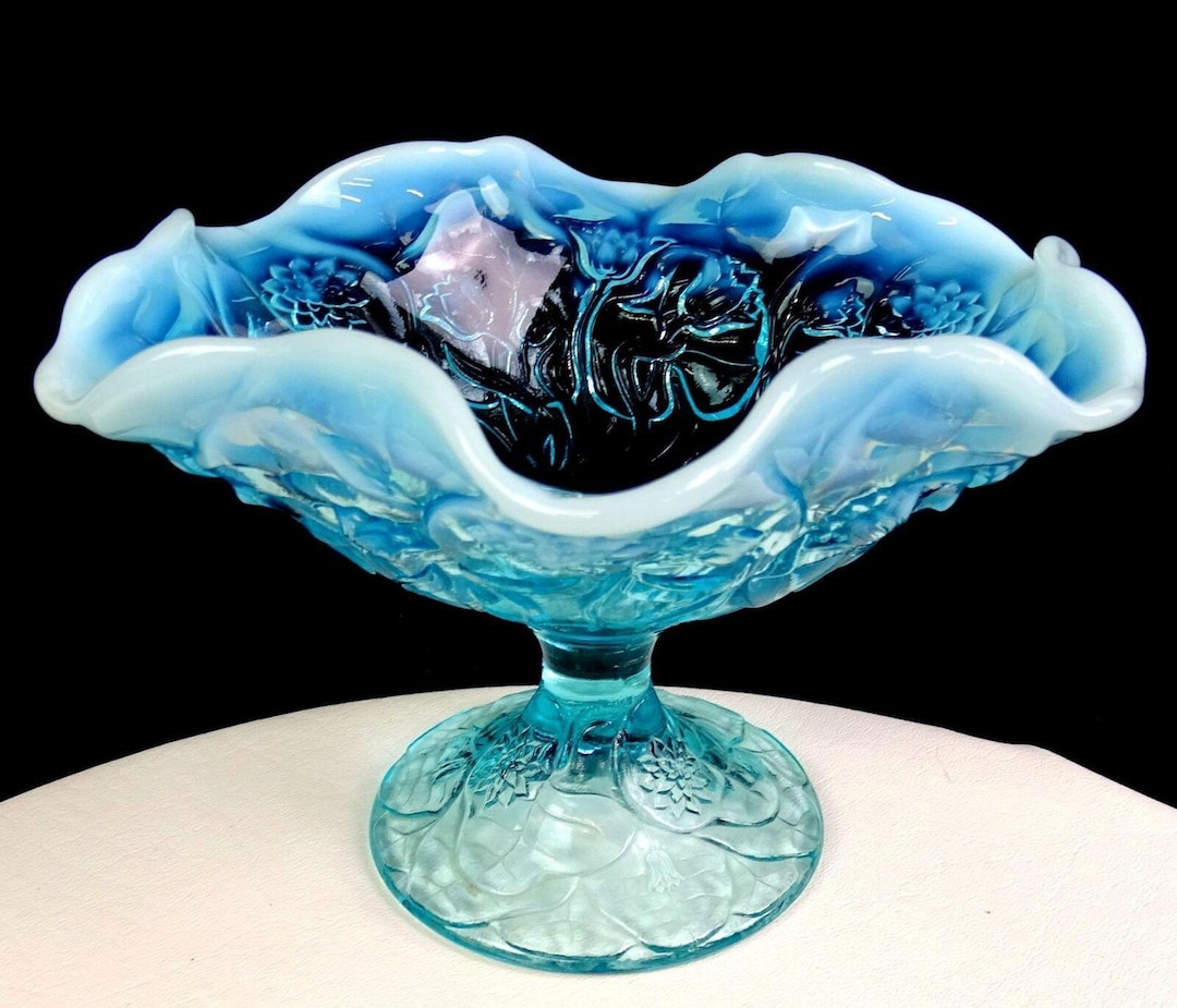 Fenton Art Glass Blue Opalescent Water Lily 5 1/8 Compote Candy Dish ...