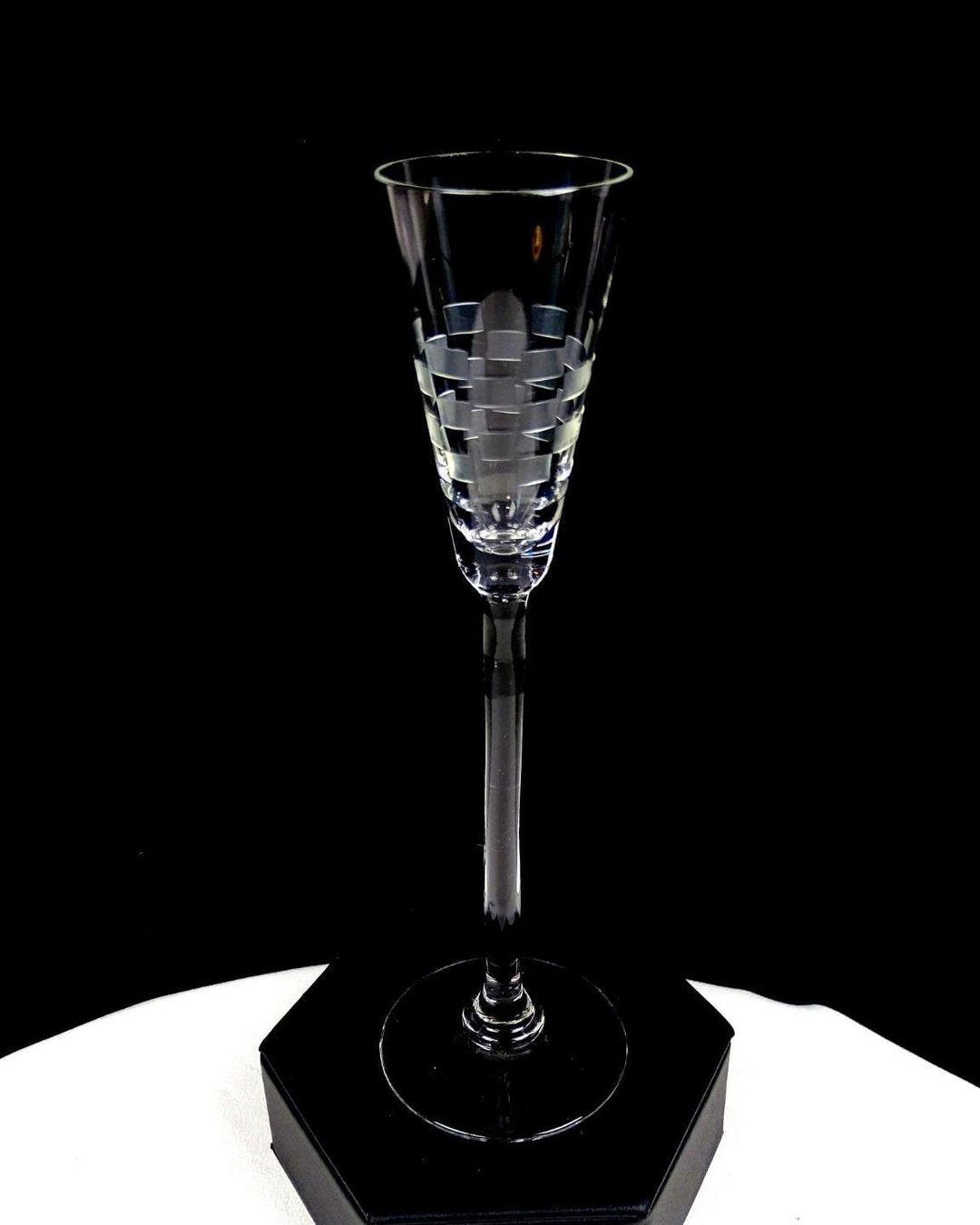 Elegant Glass Etched Frosted Checkered Pattern Vintage Tall 7" Cordial ...