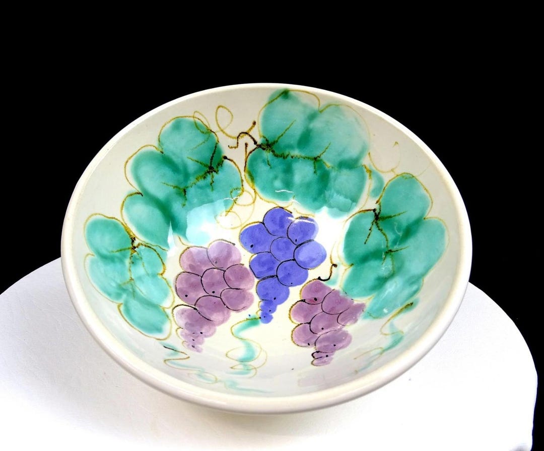 Judy Goodwin Signed Art Pottery Grapes and Leaves 8 1/4" Conical Bowl ...