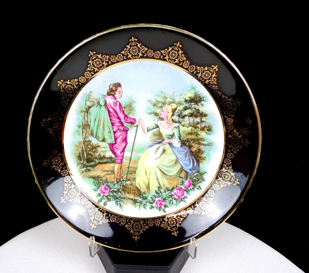 Regency China England Porcelain Courting Couple Black & Gilt 8" Shallow ...