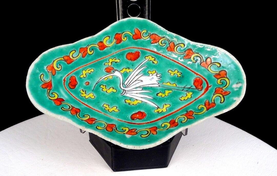 Chinese Porcelain Polychrome Heron Crane Antique Quatrefoil - Etsy