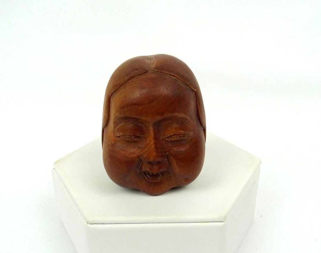 Antique Otafuku Okame Goddess of Mirth Carved Wood Japanese 2" Netsuke ...