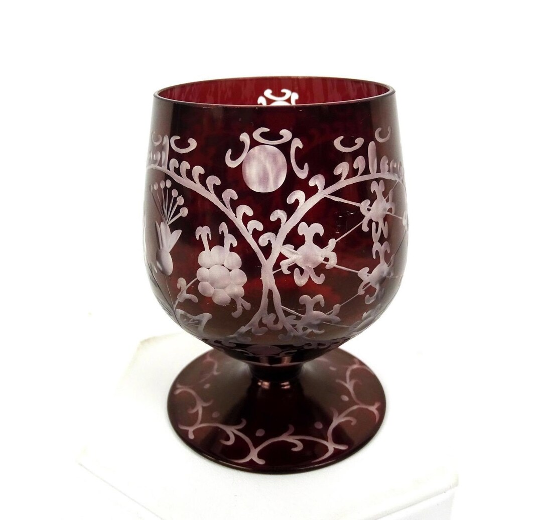 Bohemian Czech Ruby Red Etched Lattice and Flower 3 Liquor Glass - Etsy