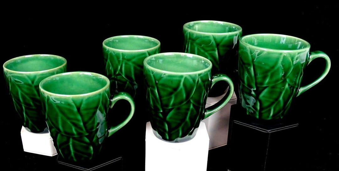 Pier 1 Stoneware Jade Leaves Green Six Piece 4 1/8 Coffee Mugs 2000 ...