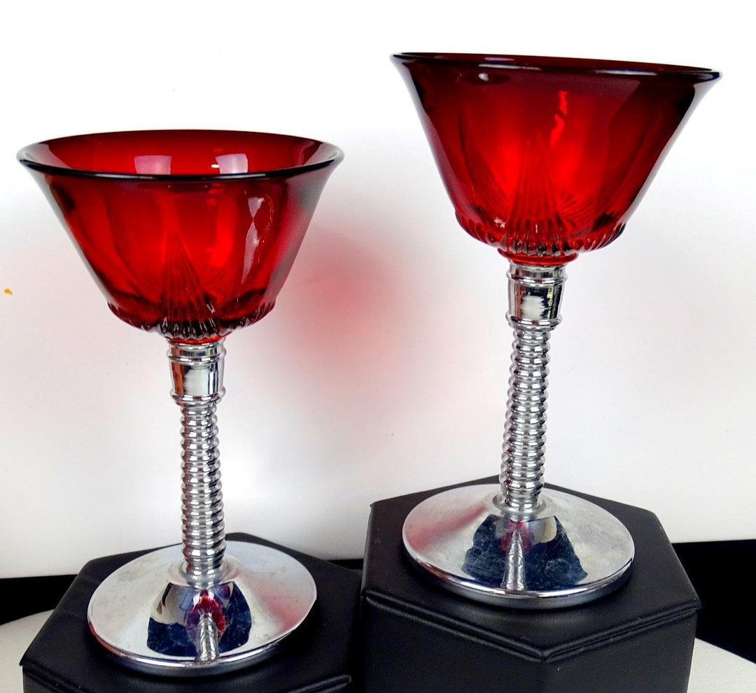 Keystone Ware Art Deco Chrome Plated Stem 2pc Ruby 5 1/8 Wine Cocktail ...