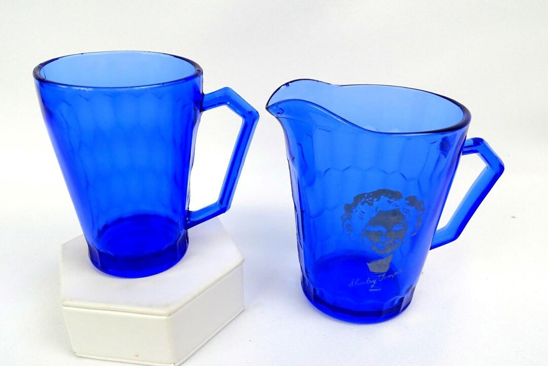 Hazel Atlas Vintage Glass Shirley Temple Blue 2pc 4 1/2" Pitcher & Mug ...