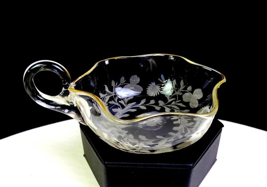 Moser Bohemian Czech Crystal Floral Etch Gold Trim 3 3/4" Handled Nappy ...