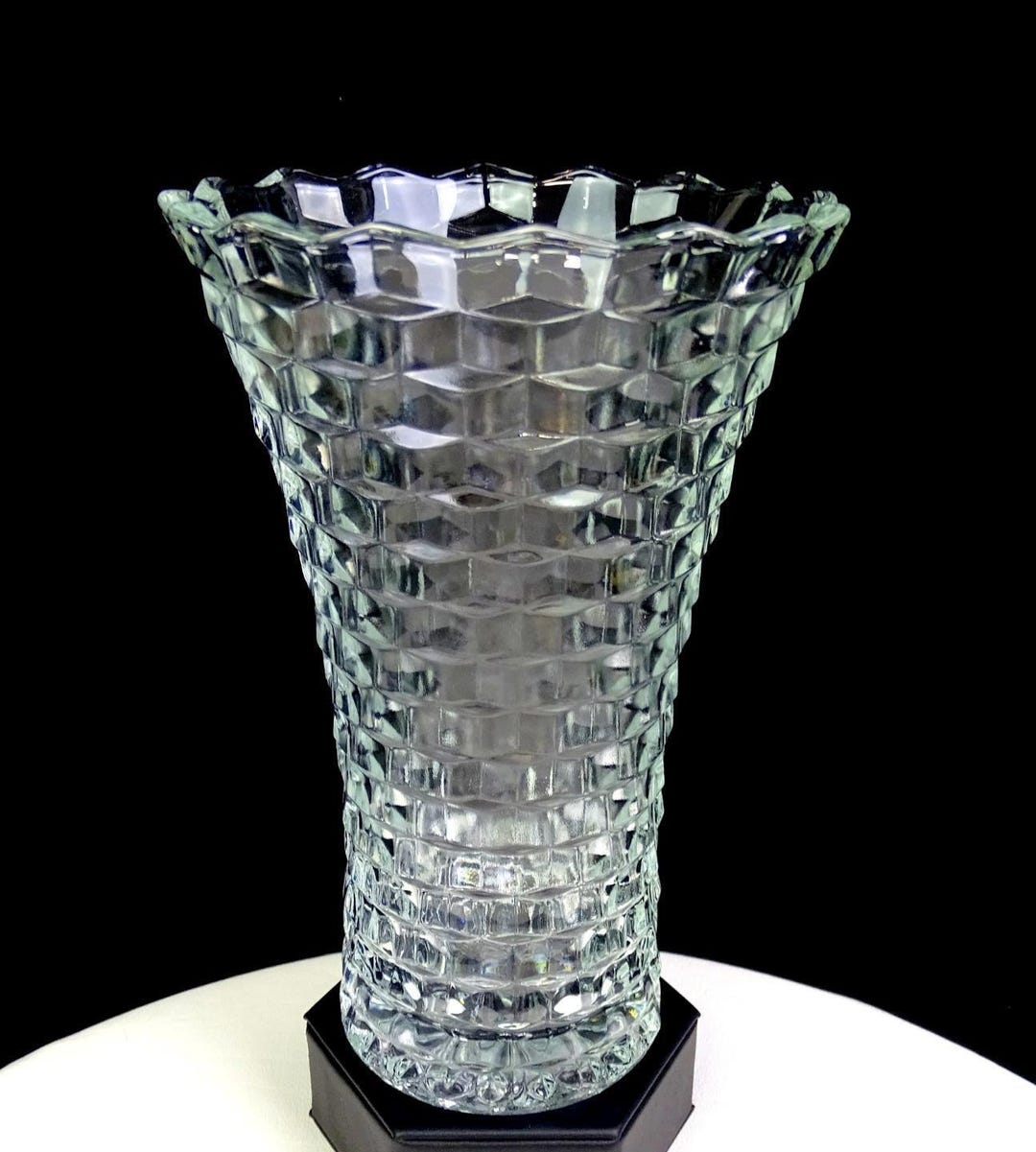 Homco Signed Glass Cube Clear Vintage Sawtooth Rim 8 7/8 Flared Vase ...