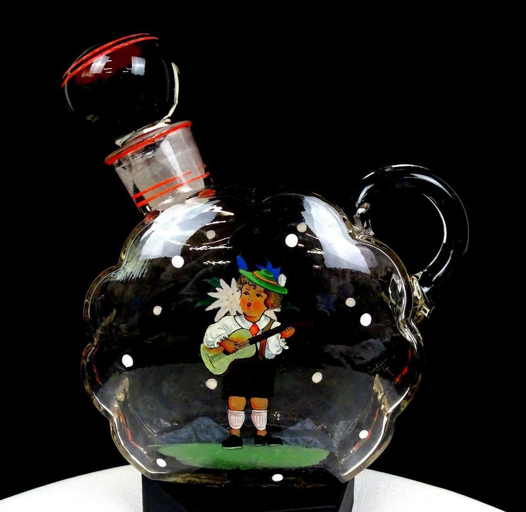 Antique Stiegel Type Glass Enameled Swiss Boy Musician 7.5 Decanter ...