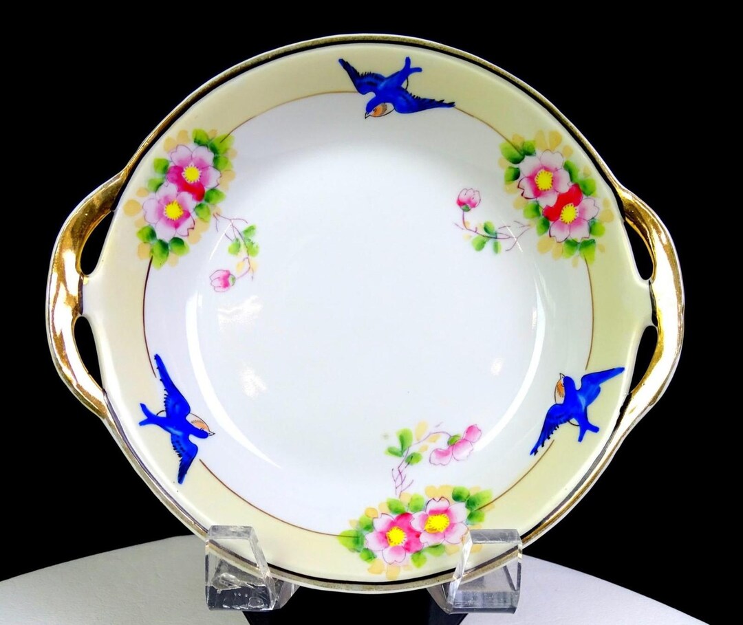 Japanese Porcelain Pink Floral and Robins Blue Birds Pierced 7 1/2 ...