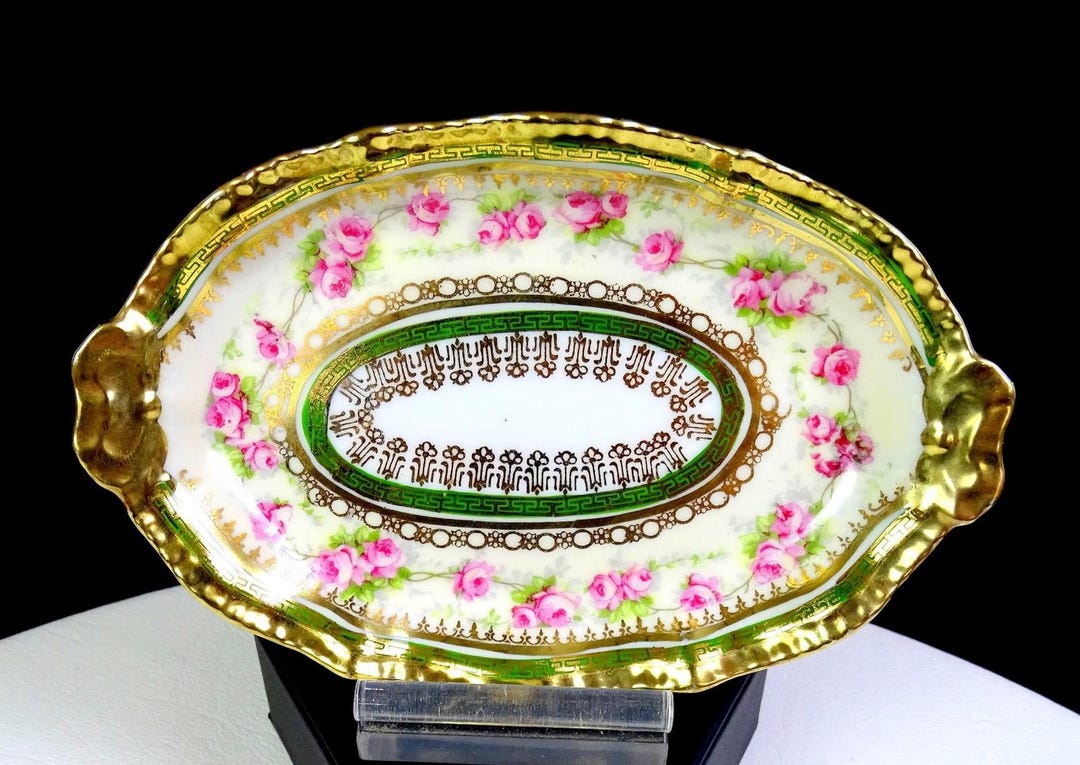 Hohenzollern German Porcelain Pink Roses & Gold Antique 5 5/8" Trinket ...