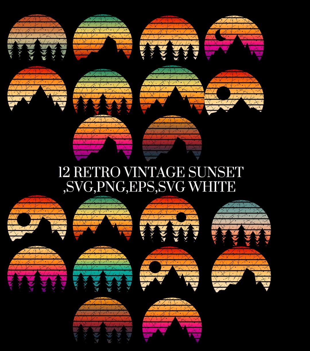 20 Retro Vintage Sunset SVG Bundle, Nature - 70s Sunset Rugged Grunge ...