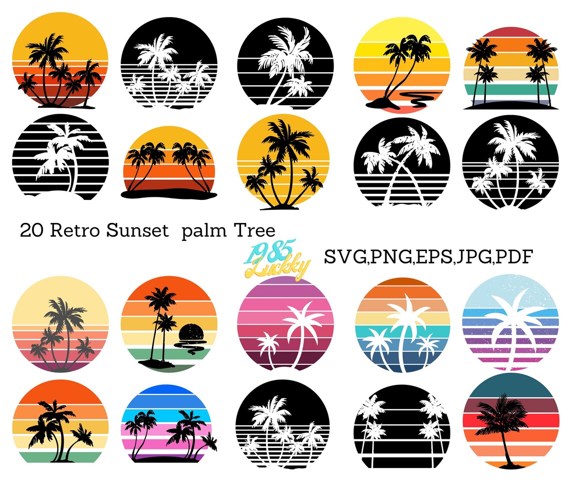 20 Retro Sunset SVG Palm Tree Bundle, Palm Tree Svg, Vintage Retro ...