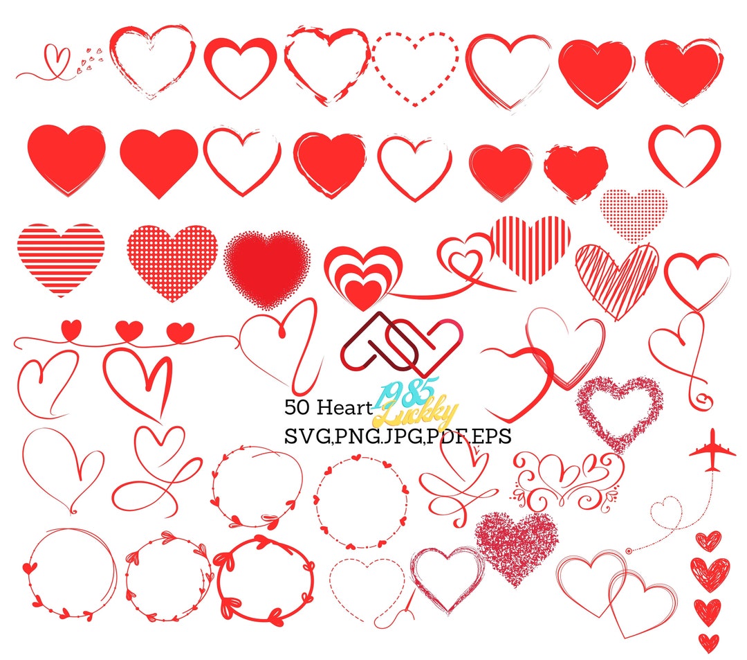 50 Heart Svg,doodle Heart Eps,sketch,handdrawn,valentine Heart Cut File ...