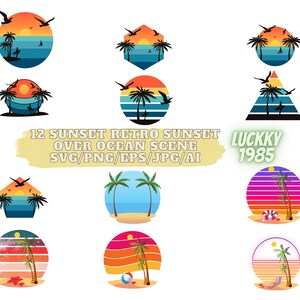 12 Sunset Retro Sunset Over Ocean Scene,file | Sunset Scene SVG, Ocean ...