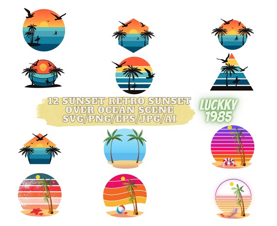 12 Sunset Retro Sunset Over Ocean Scenefile Sunset Scene - Etsy