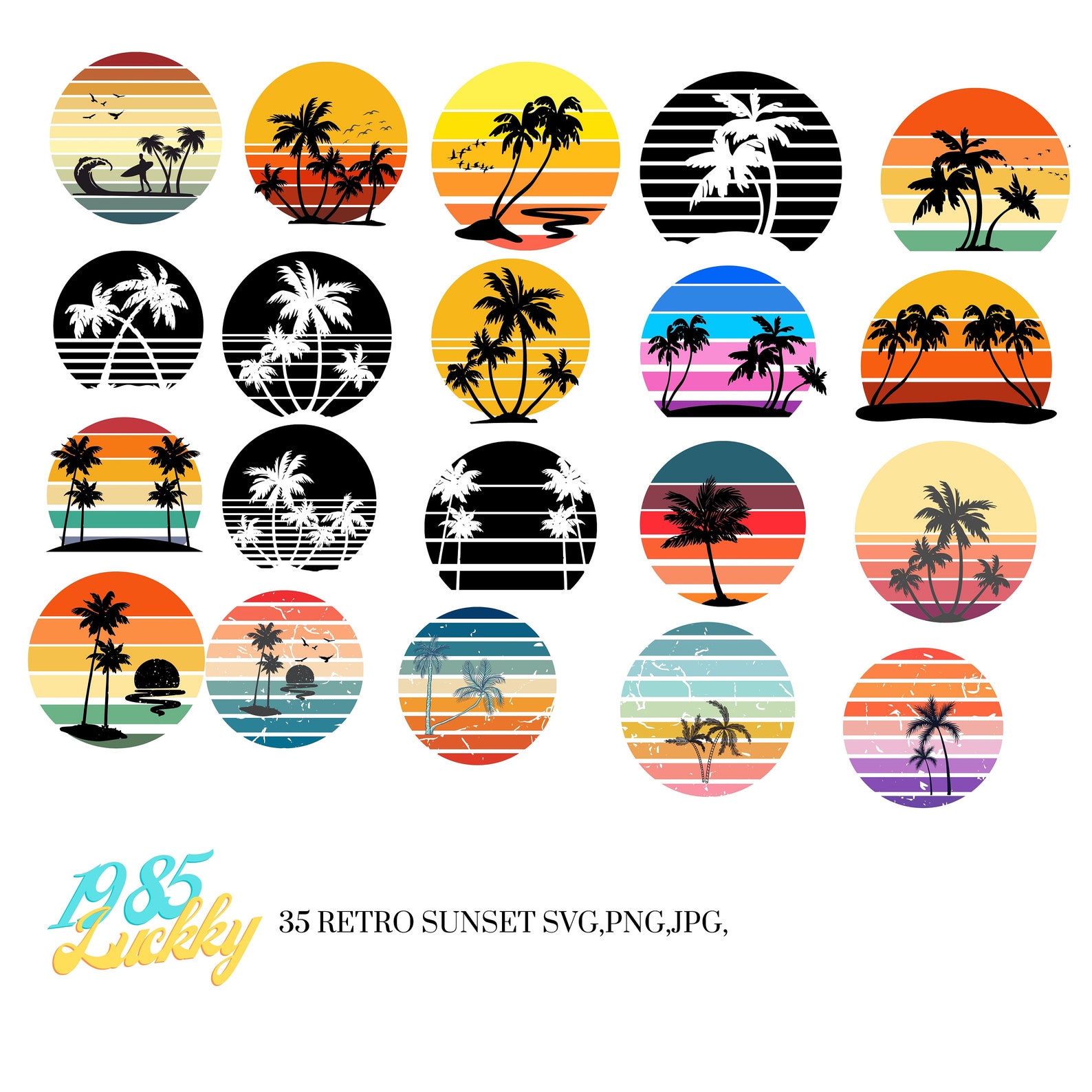 35 Retro Sunset SVG Bundle, Palm Tree Svg, Vintage Retro Sunset SVG ...
