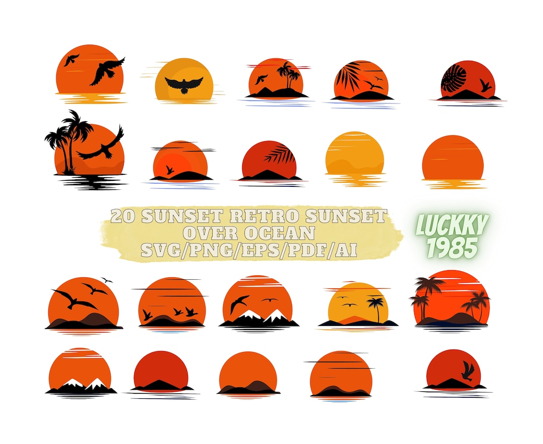 20 Sunset Retro Sunset Over Ocean Scene Cut File | Sunset Scene SVG ...