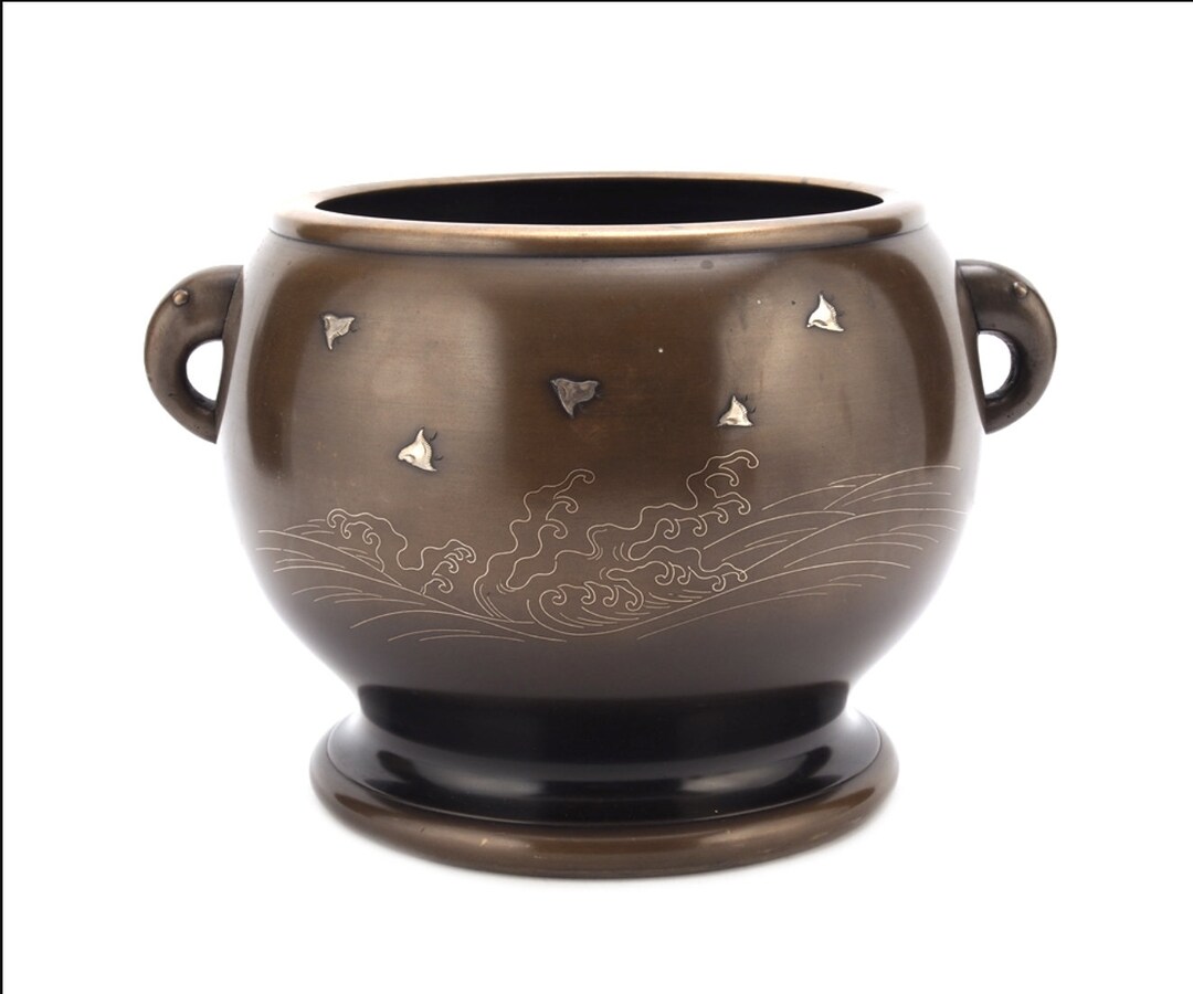 Japanese Antique Sentoku Copper Hibachi. Chidori Inlay With Elephant ...