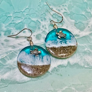 Sandy Beach Earring With Swimming Sea Turtle, Beach Jewelry, Sea Turtle ...