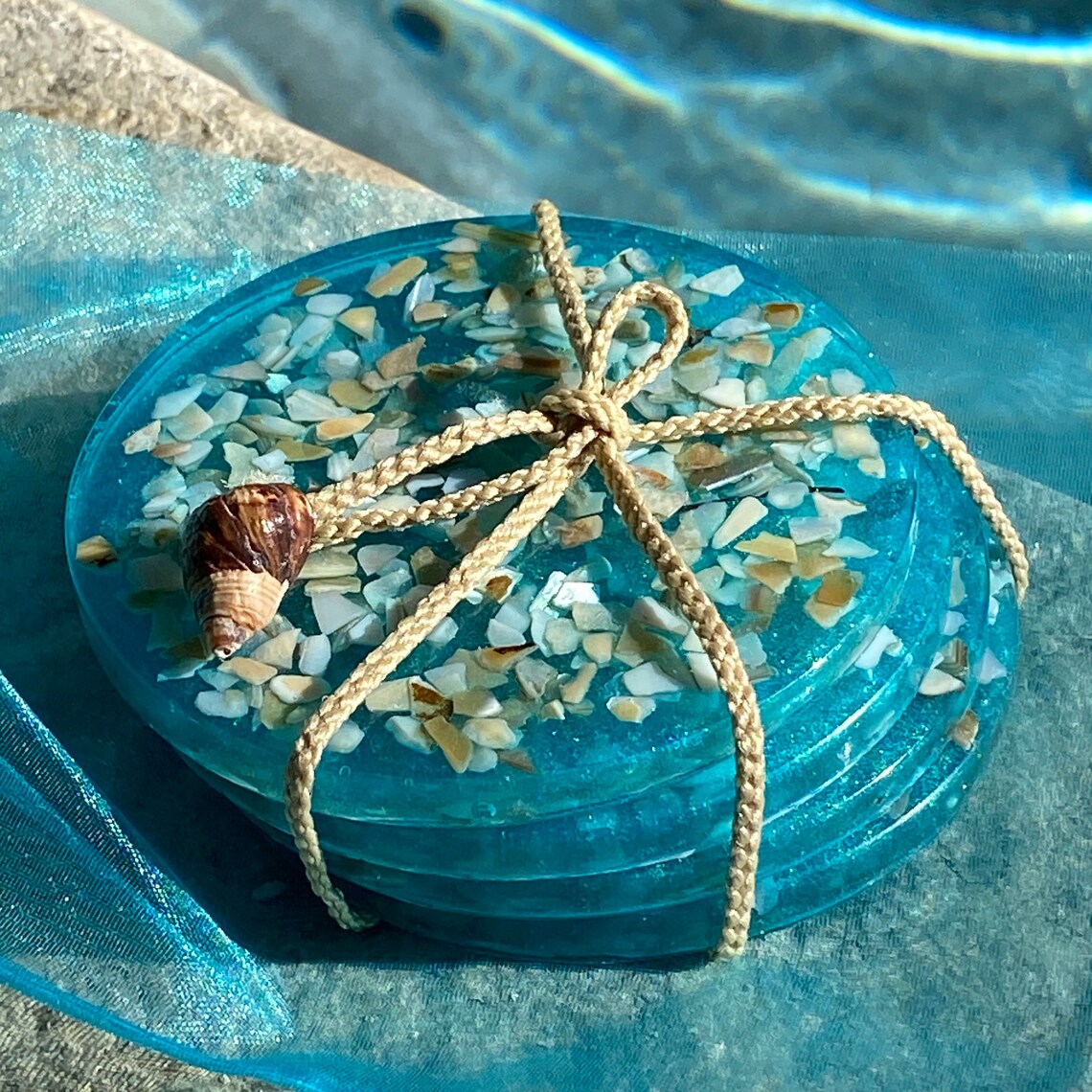 Beach Coasters With Crushed Sea Shell Ocean Resin Art Epoxy | Etsy