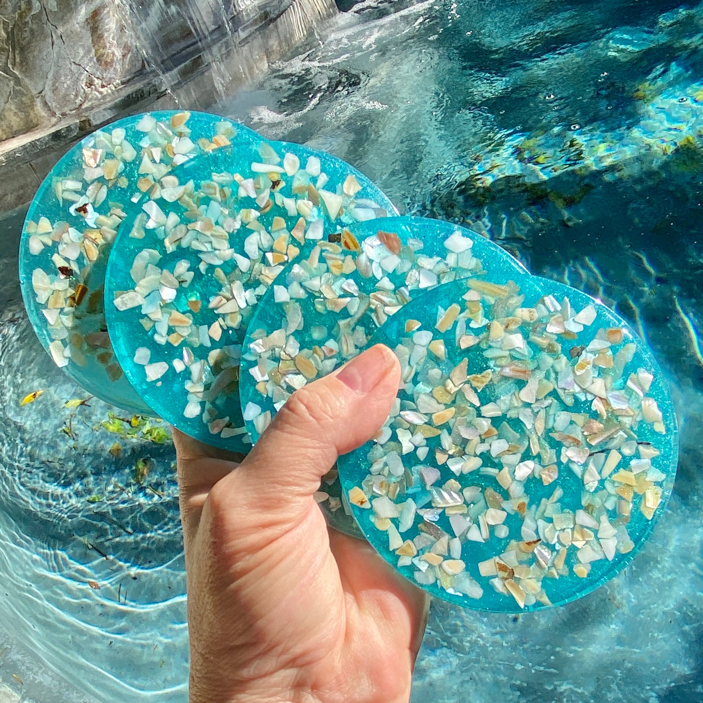 Beach Coasters With Crushed Sea Shell Ocean Resin Art Epoxy | Etsy