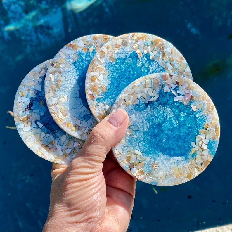 Beach coasters with crushed sea shell Ocean resin art epoxy | Etsy