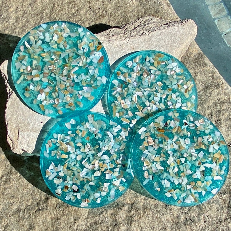Beach Coasters With Crushed Sea Shell Set of 4 Blue Coasters - Etsy
