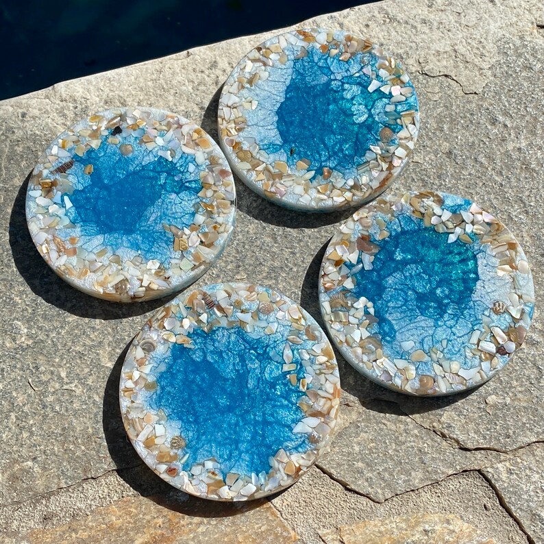 Beach coasters with crushed sea shell Ocean resin art epoxy | Etsy