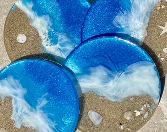 Beach Coasters With Crushed Sea Shell Ocean Resin Art Epoxy | Etsy