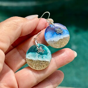 Sandy Beach Earring With Swimming Sea Turtle, Beach Jewelry, Sea Turtle ...
