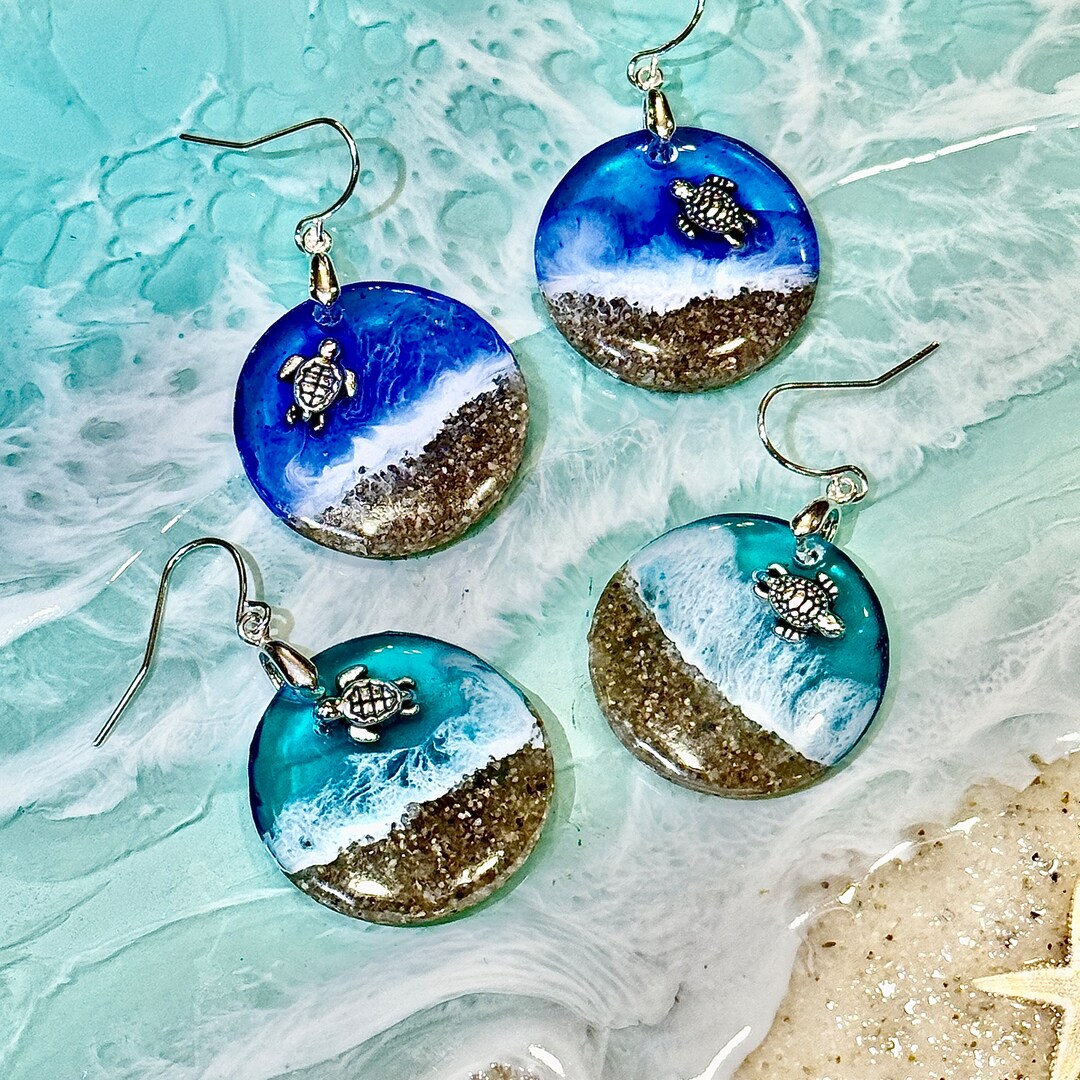 Sandy Beach Earring With Swimming Sea Turtle, Beach Jewelry, Sea Turtle ...