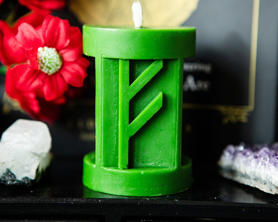 FEHU Runic GREEN Candle , Feoh, Home Altar, Beeswax, Candlestick ...
