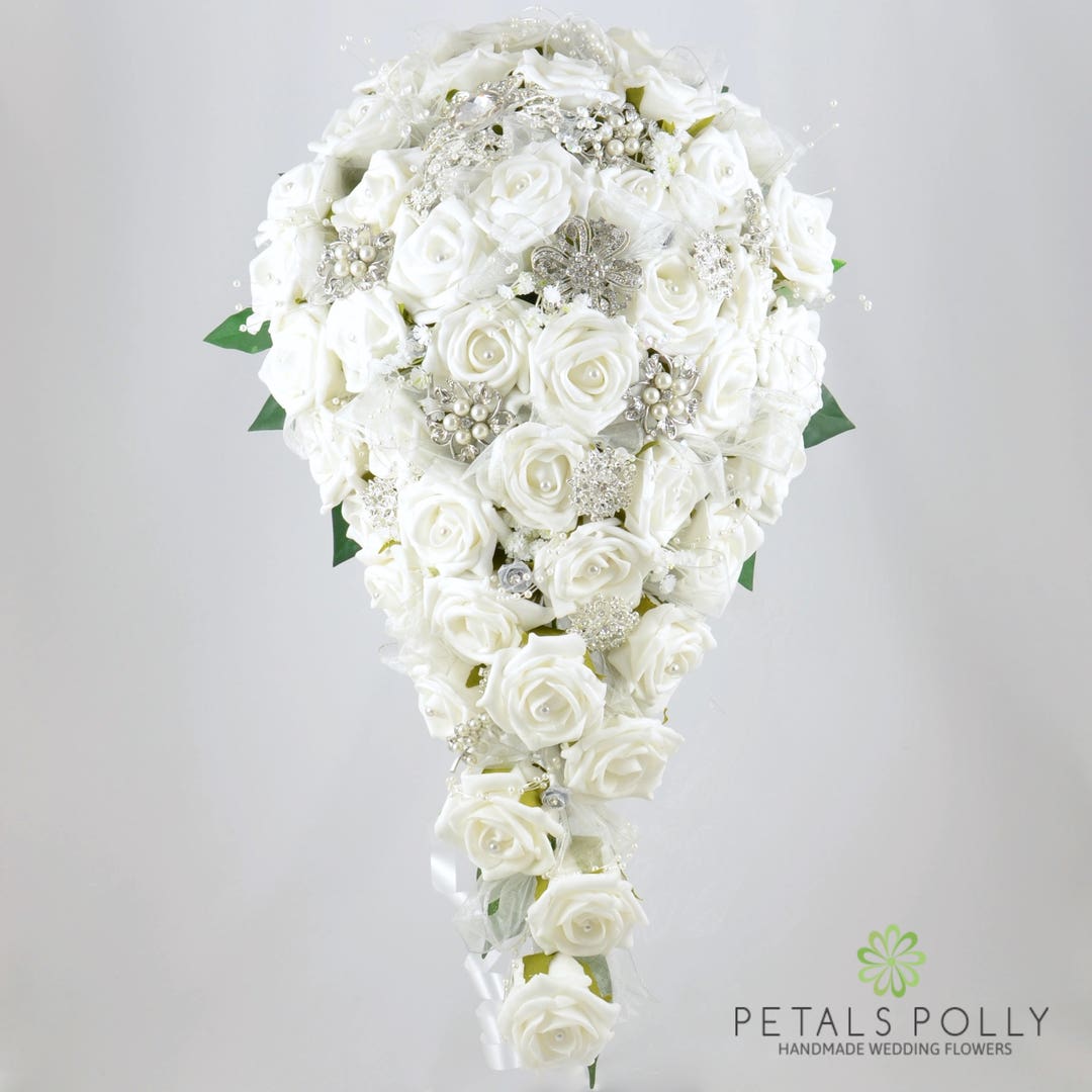 Artificial Wedding Flowers White Rose Brides Teardrop Bouquet - Etsy ...