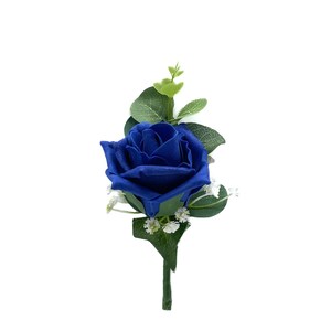 Artificial Wedding Flowers, Royal Blue Single Foam Rose Buttonhole With ...