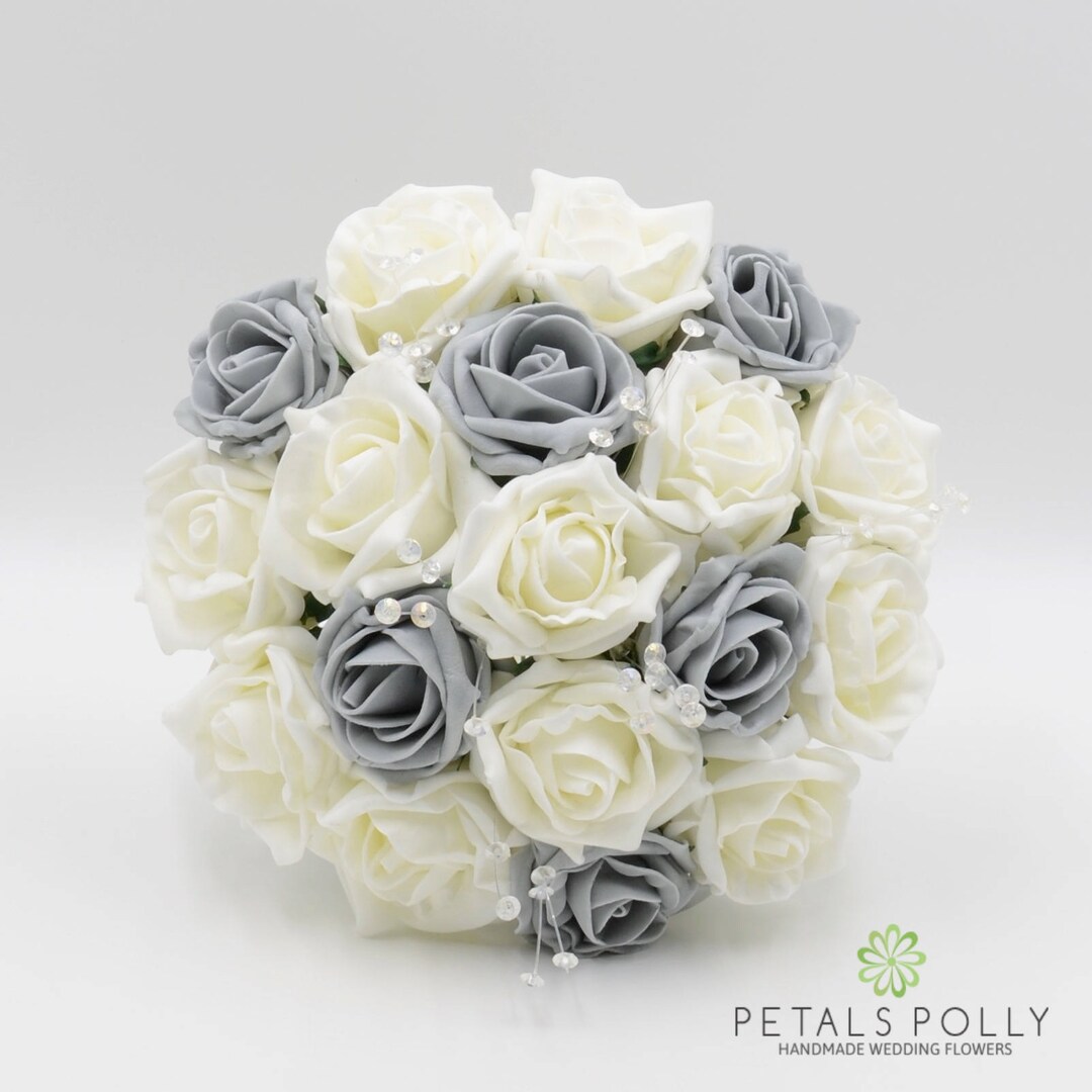 Artificial Wedding Flowers, Grey & Ivory Rose Bridesmaids Bouquet Posy ...