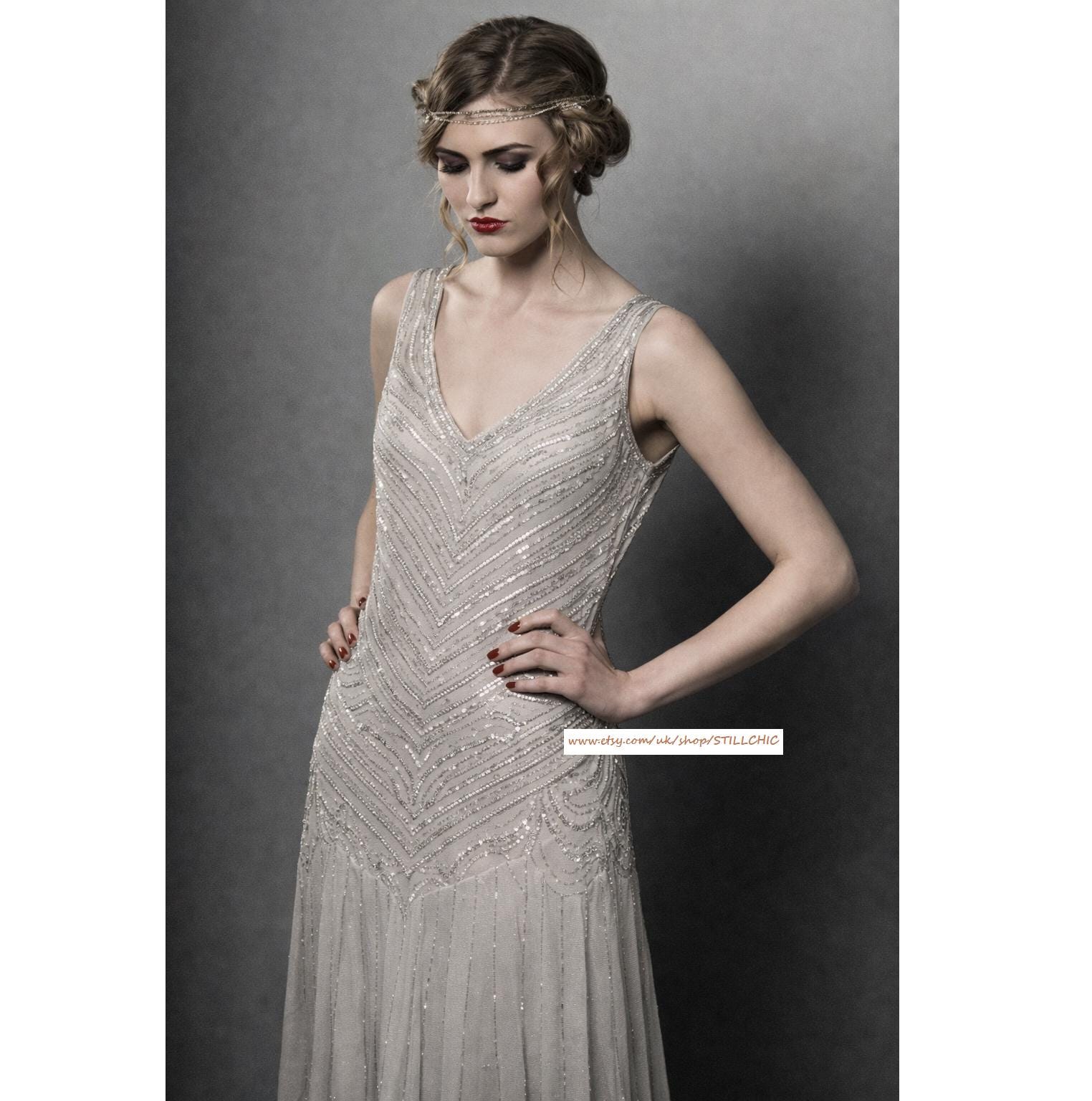 Sparkling Sequinned Beaded Bias Cut Dress: Silver Art Deco Flapper ...