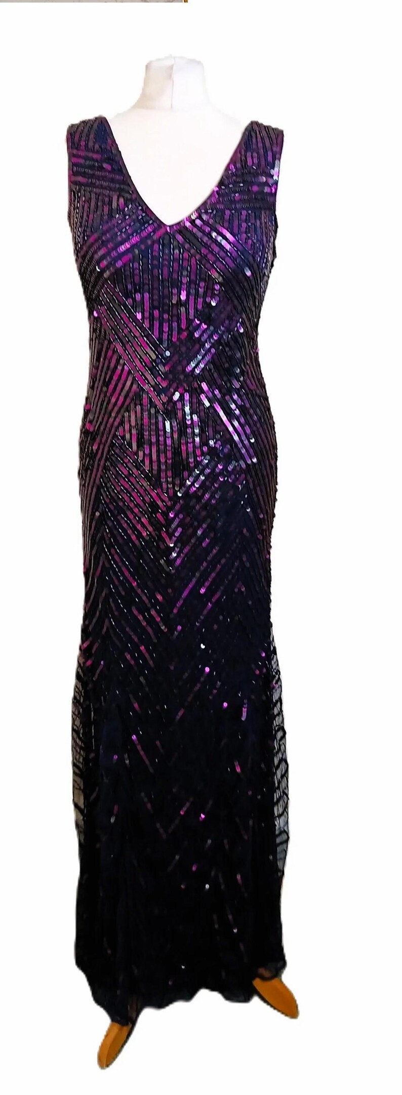 Sparkling Purple Sequinned Bias Cut Dress: Art Deco Flapper Gatsby Prom ...