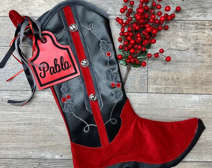 Upcycled Blue Denim Christmas Stocking With Cow Print Fabric, Country ...