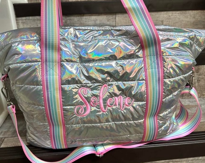 Personalized Iridescent Puffer With Purple Rainbow Strap Tote Weekender ...