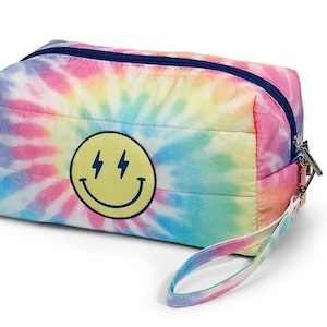 Pastel Delight Puffer Tie Dye Toiletry Bag With Happy Patch ...