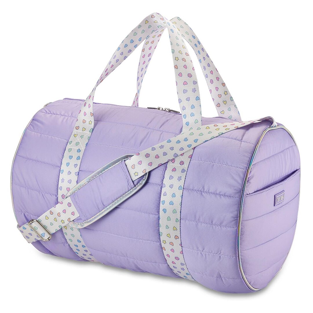 Personalized Girls Purple Puffer Duffle With Rainbow Heart Strap ...