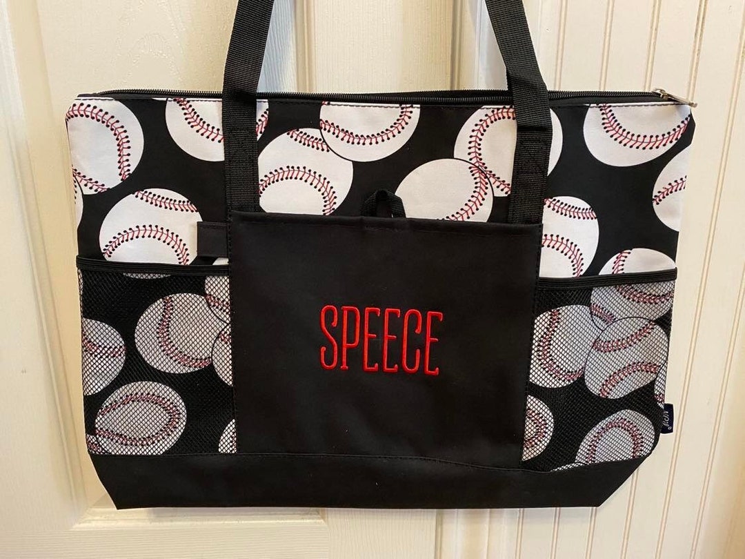 Embroidered Baseball Mesh Pocket Tote Bag, Baseball Tote With Mesh ...