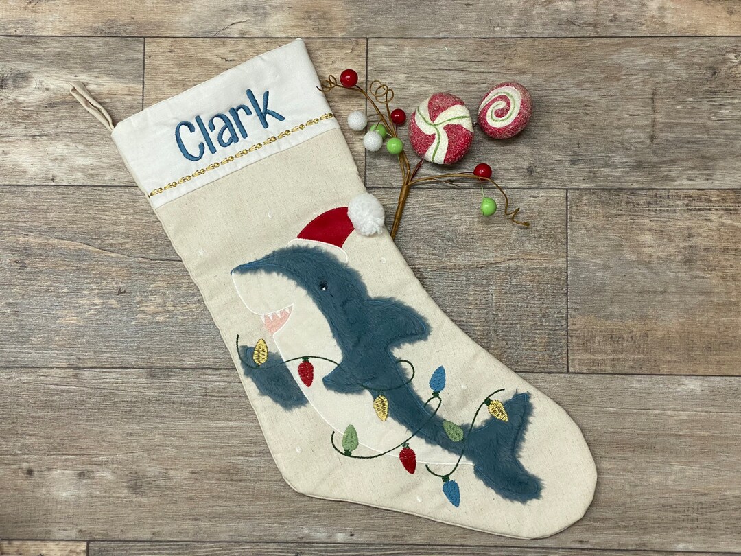 Shark Christmas Stocking, Christmas Stocking, Embroider Christmas ...