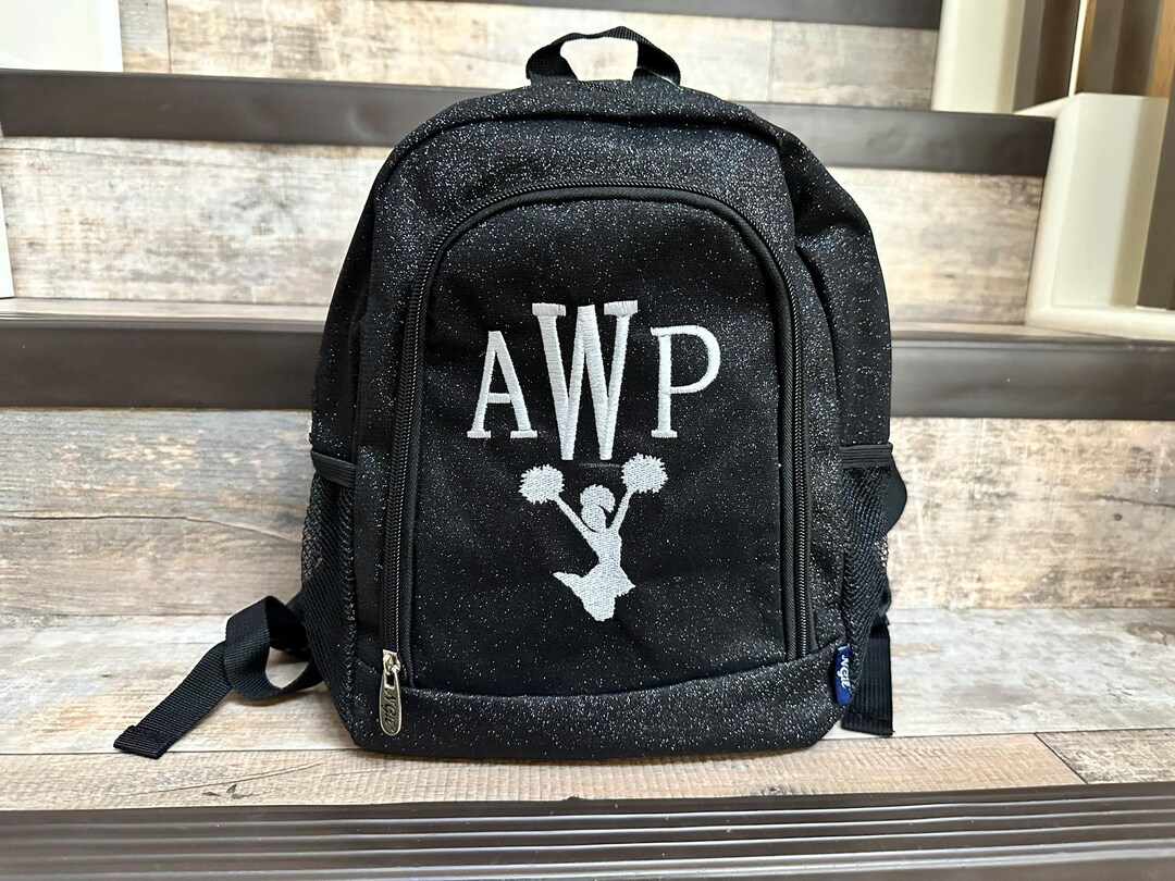 Medium CHEER Black Glitter Backpack, Monogram Toddler Glitter Backpack ...
