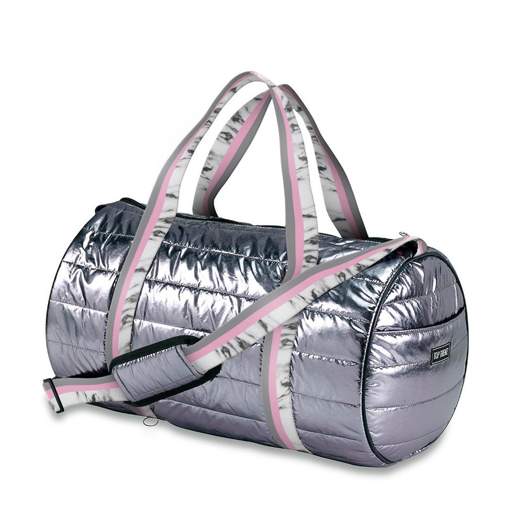 Personalized Gunmetal Puffer Duffle Bag With White Marable Straps ...